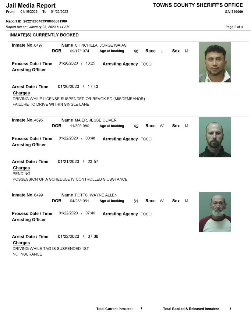 Towns County Sheriff’s Office Arrest Report 1/16 - 1/22/2023 - TownsTowns